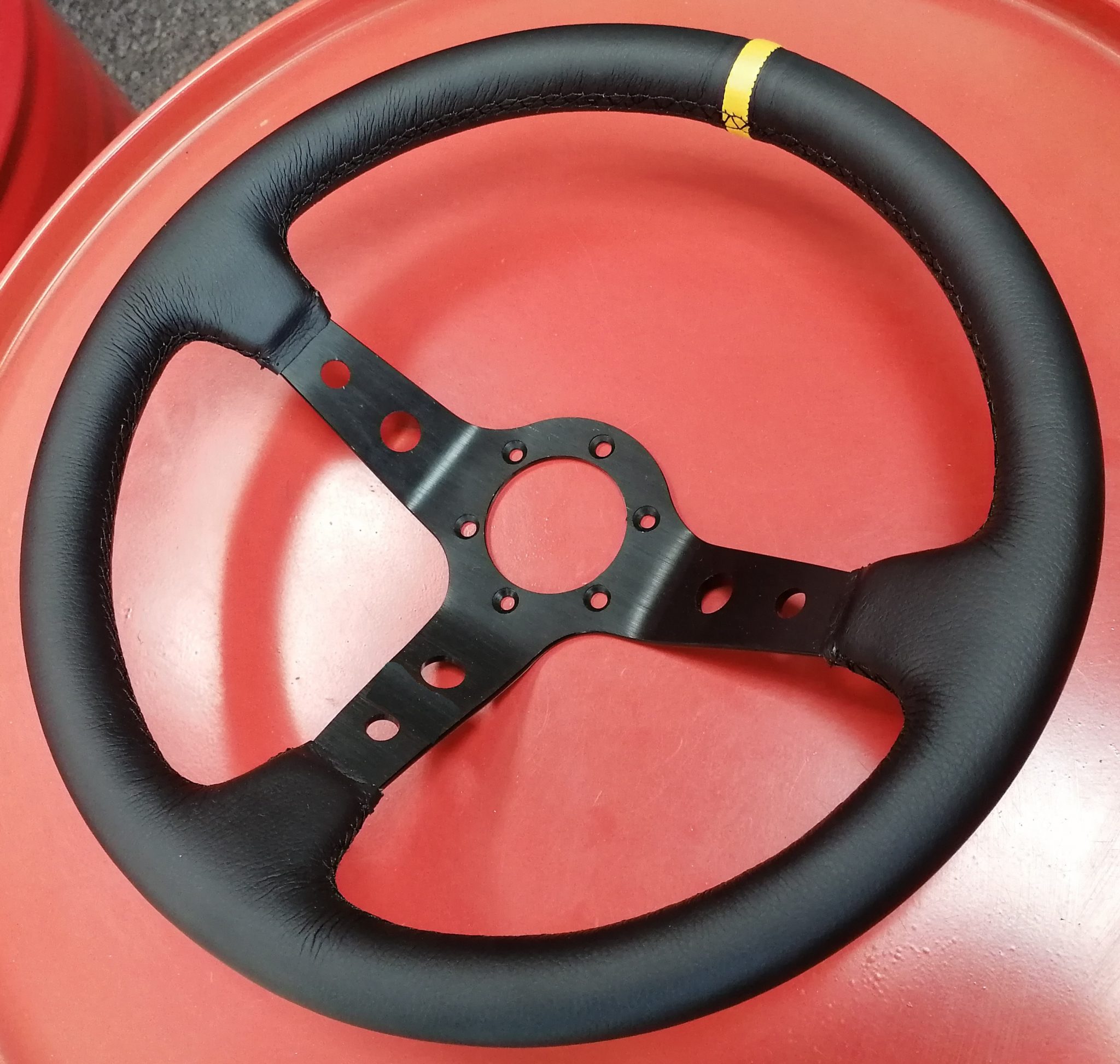 Deep Dish Style Leather Steering Wheel (OMP Style) - RED POWER MOTORSPORT